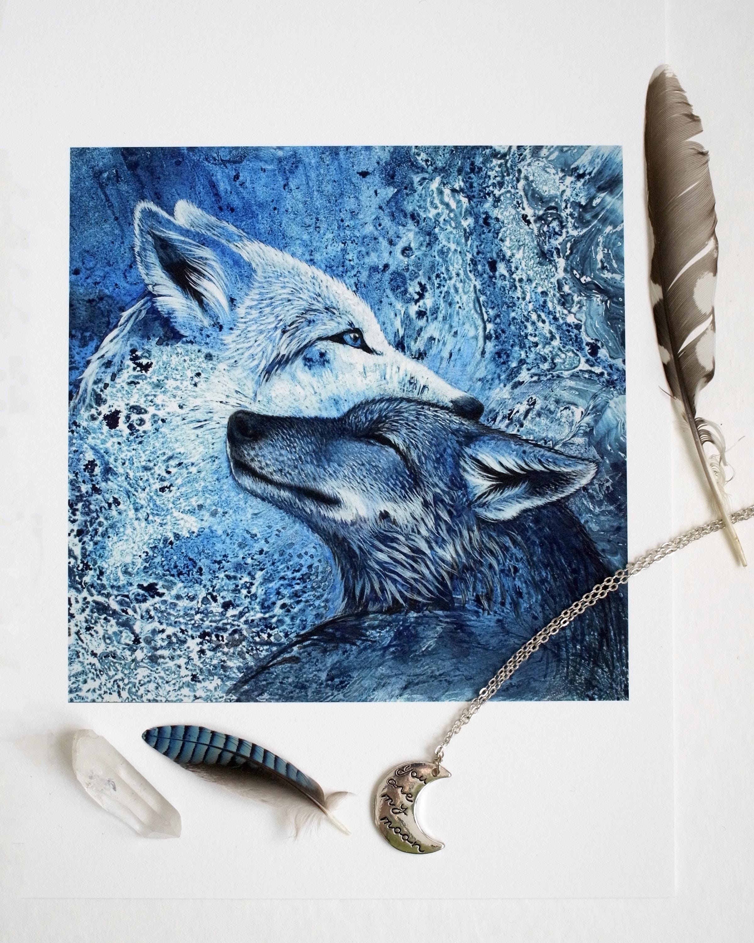 Two Wolves Poster, Wolves in Love Print, White and Black Wolf Painting ...