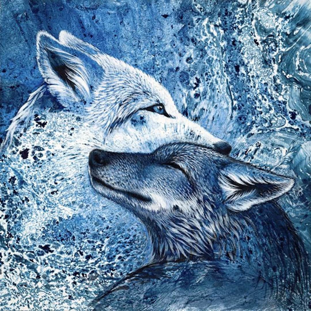 Two Wolves Poster, Wolves in Love Print, White and Black Wolf Painting ...