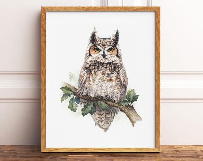 Owl Art, Great Horned Owl, Owl Print, Owl Watercolor, Owl Art Print ...