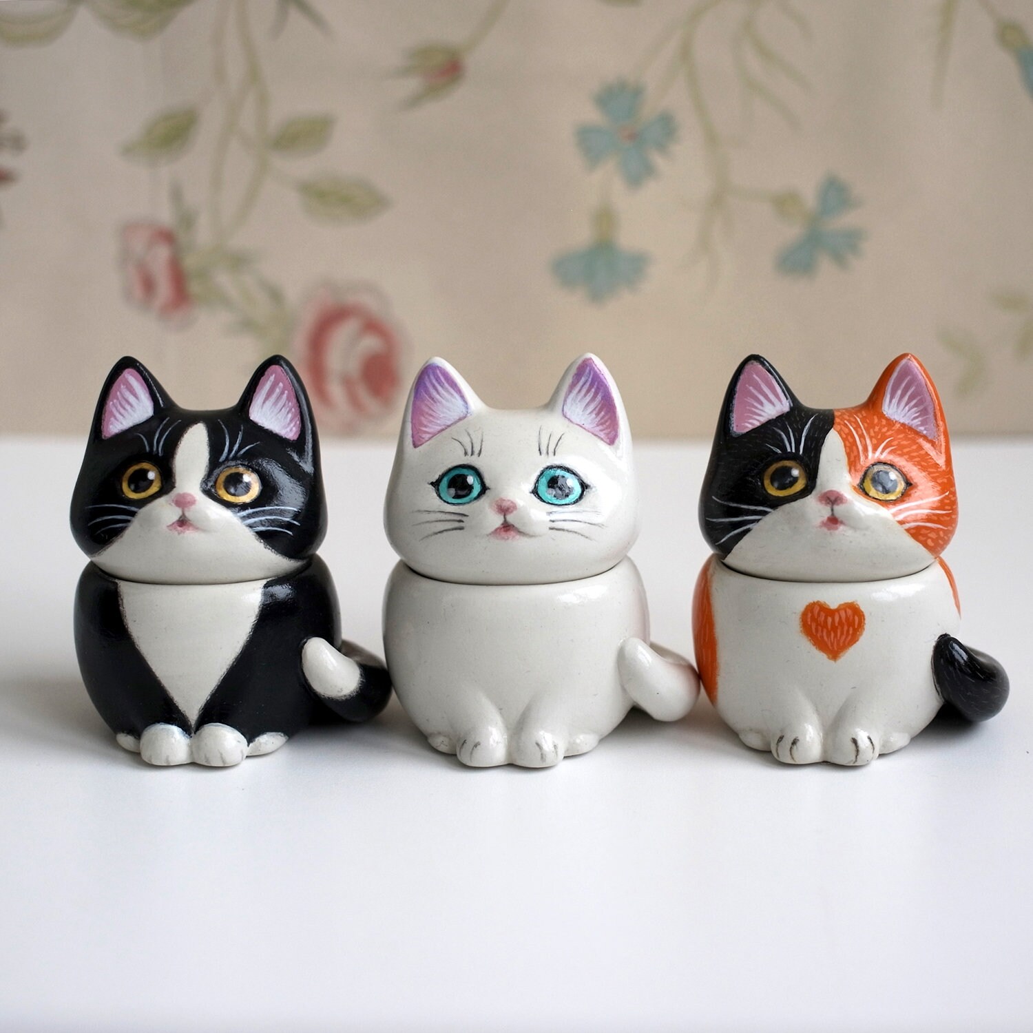 Cute Cat Figurine Ceramic, Calico Cat Figurine, White and Black Cat ...