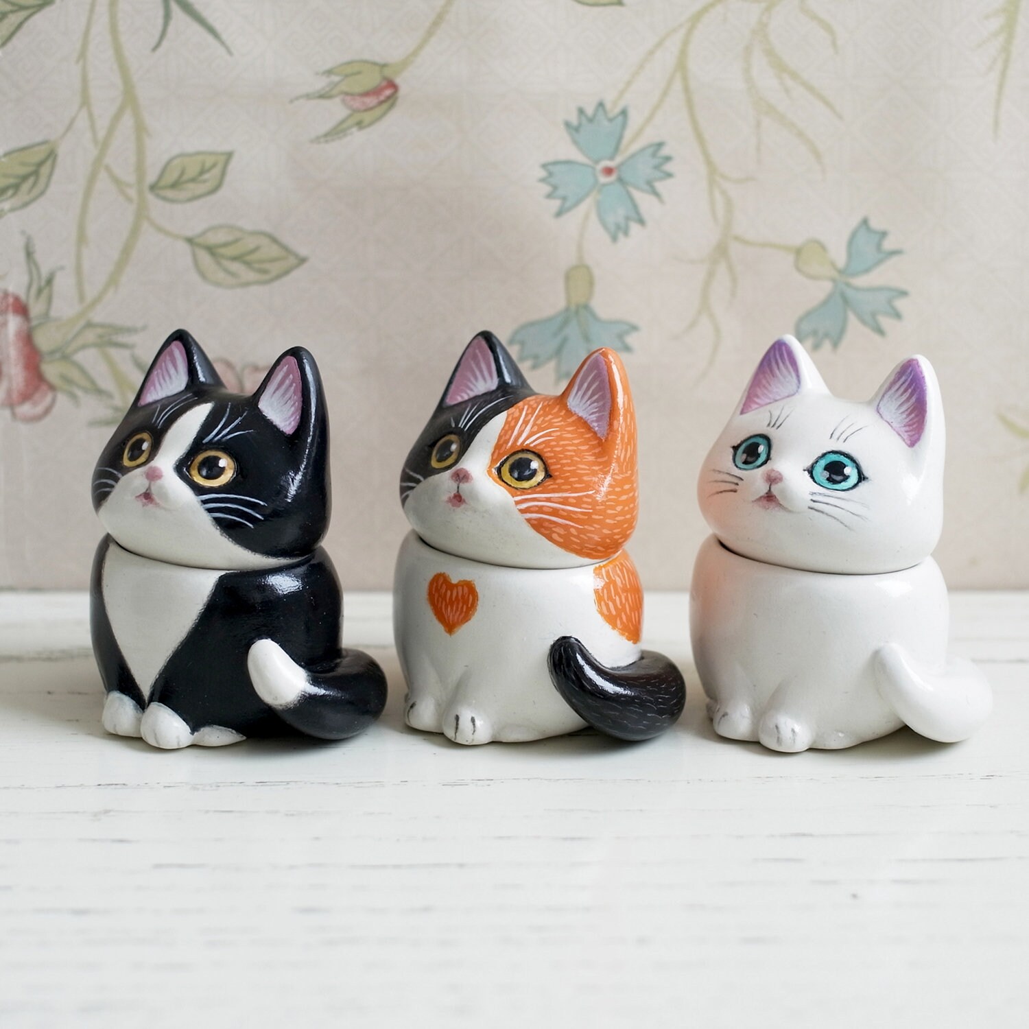 Cute Cat Figurine Ceramic, Calico Cat Figurine, White and Black Cat ...