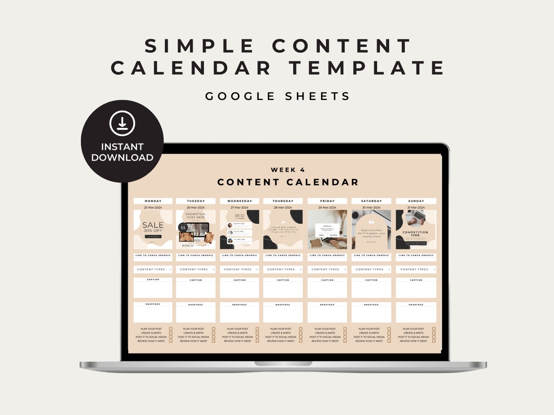 Content Calendar Template, Social Media Content Calendar, Simple ...