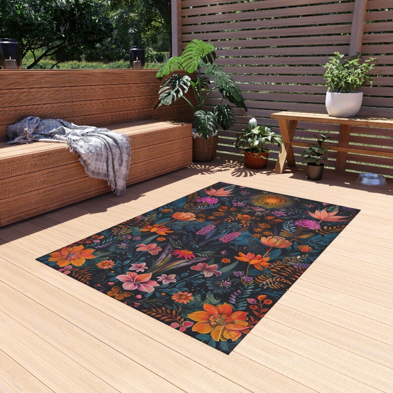 Magical Jungle Outdoor Rug With Flora and Fauna Motifs Colorful ...