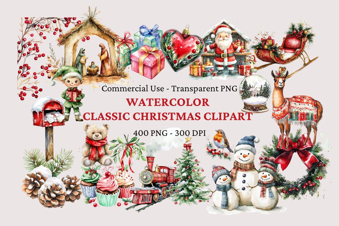 Santa's Village Watercolor Clipart Set 400 Classic Christmas Images ...