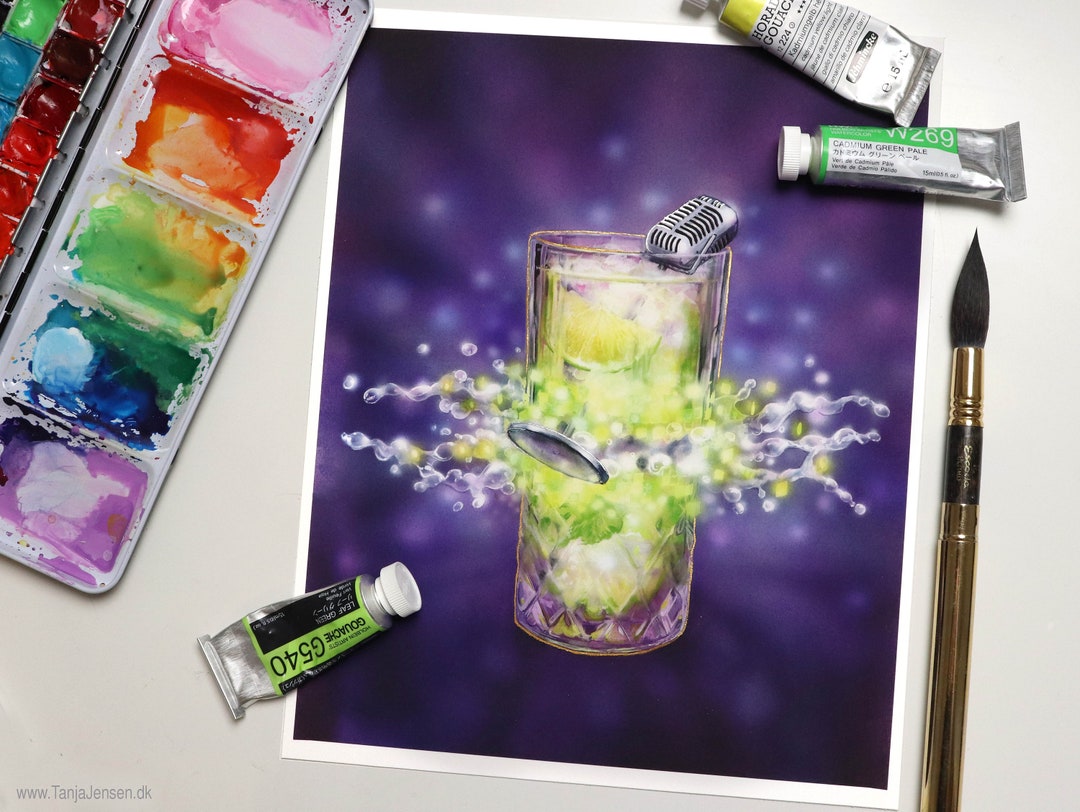 Cocktail Art PRINT Surreal Mojito Painting Drink & Microphone ...