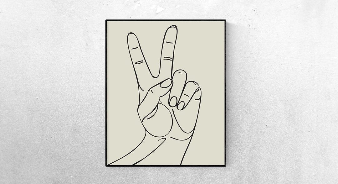 Peace Sign Line Art Poster, Minimalist Hand Gesture Printable Wall Art ...