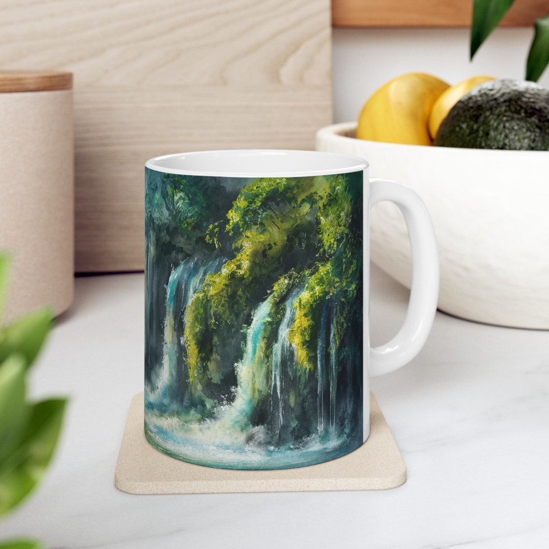 Watercolor Rainforest Waterfall Coffee Mug, Waterfall in Nature Mug ...