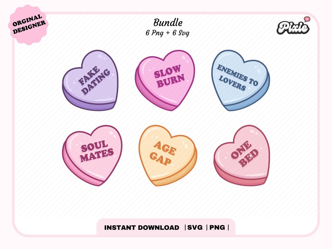 Candy Heart Book Tropes Bundle SVG PNG, Cute Trendy Popular Romance ...