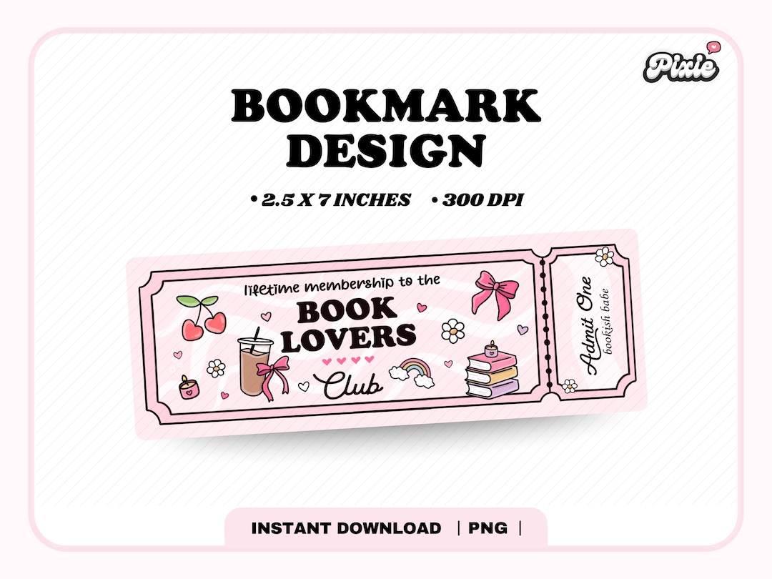 Book Lovers Club Ticket Bookmark PNG, Cute Trendy Aesthetic Pink ...