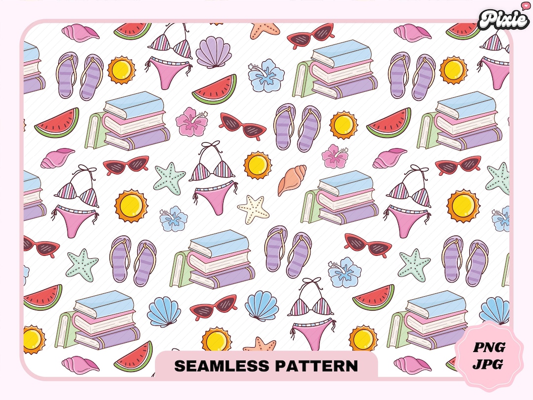 Bookish Summer Seamless Pattern PNG JPG, Cute Trendy Popular Aesthetic ...