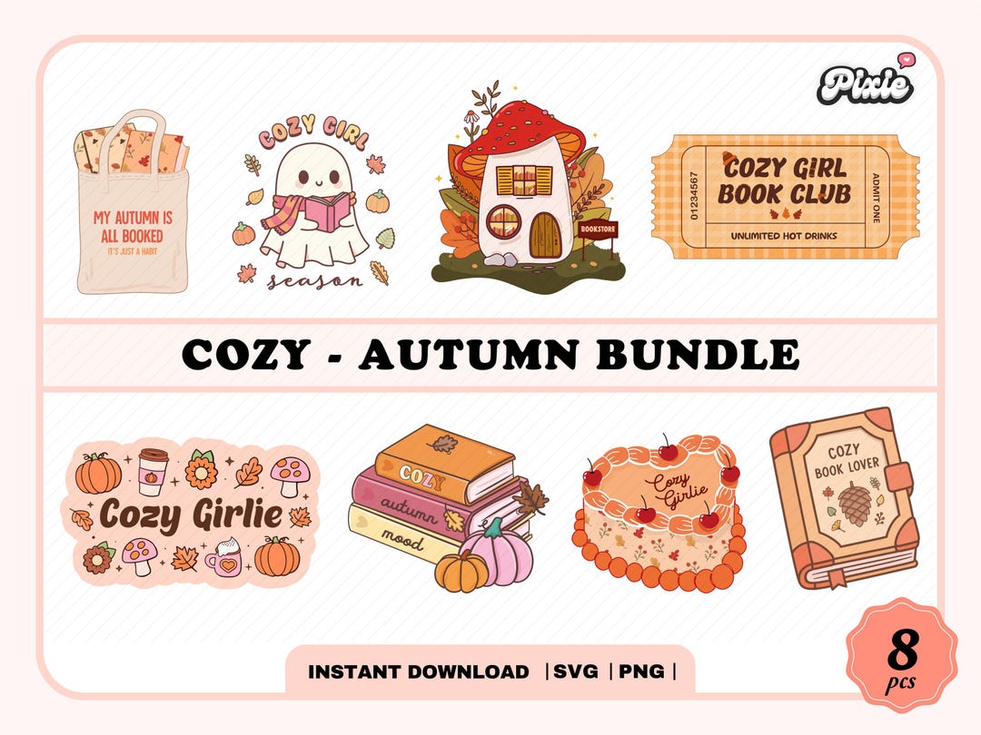 Cozy Autumun Bookish Bundle SVG & PNG Design, Trendy Cute Popular ...