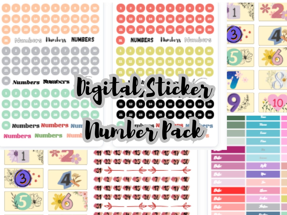 Digital Sticker Numbers Sheets Printable Days Dates Sticker Bundle ...