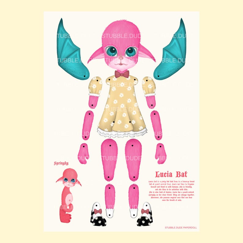 Printable Articulated Pink Bat Paper Doll Halloween Print and Assemble ...