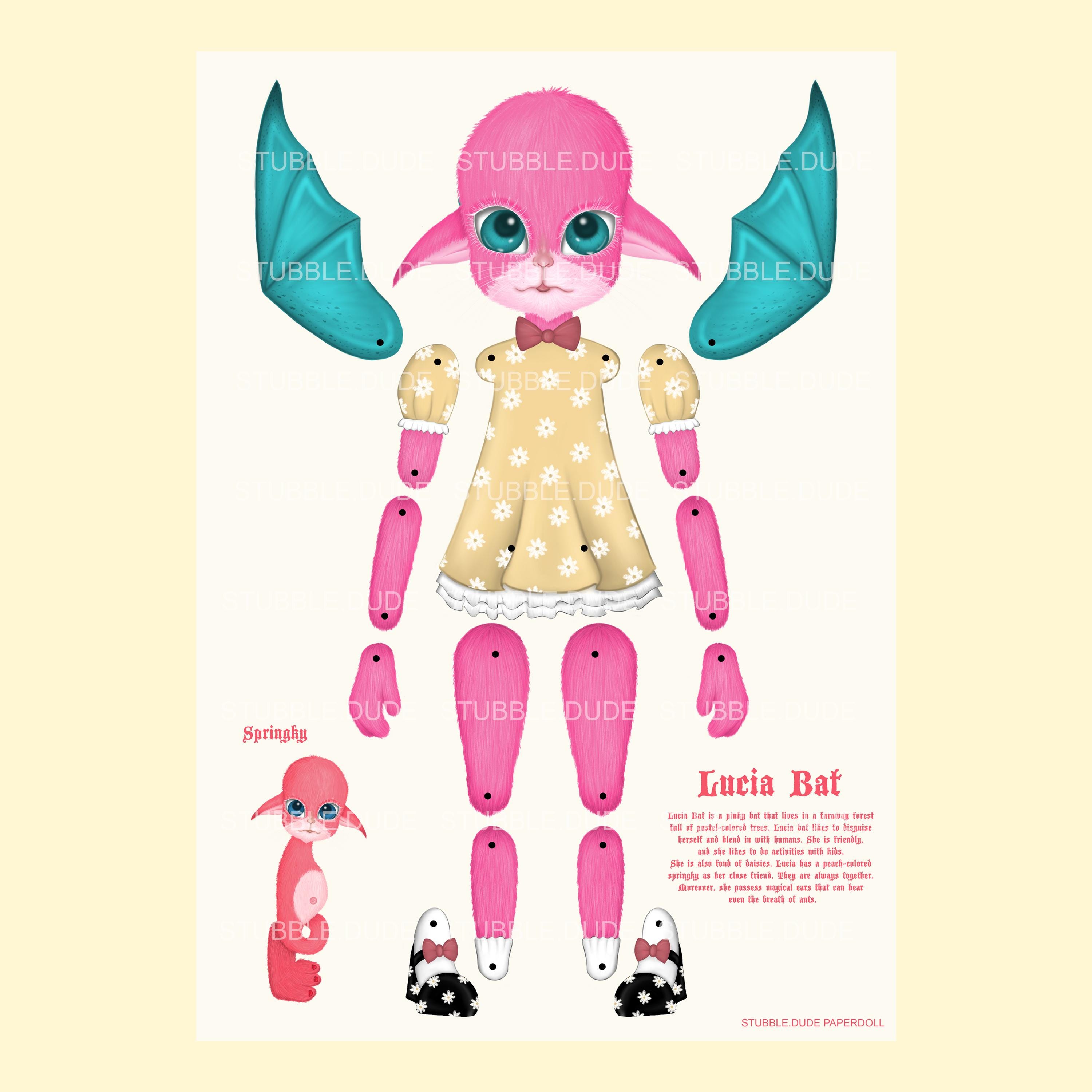 Printable Articulated Pink Bat Paper Doll Halloween Print and Assemble ...