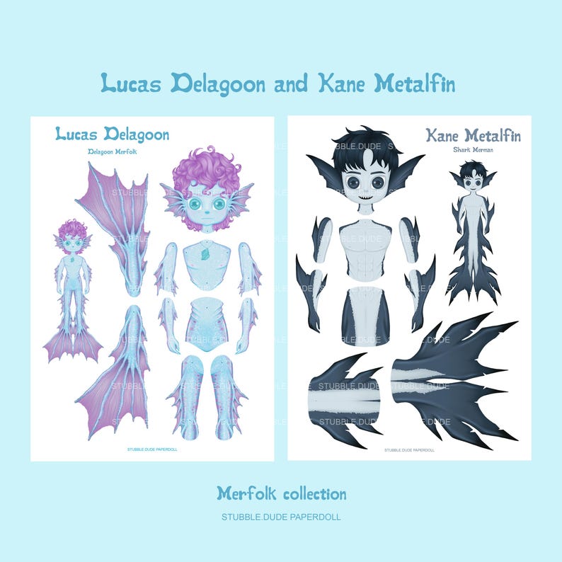 Set of 2 Printable Mermaid Articulated Paper Doll Download PDF ...