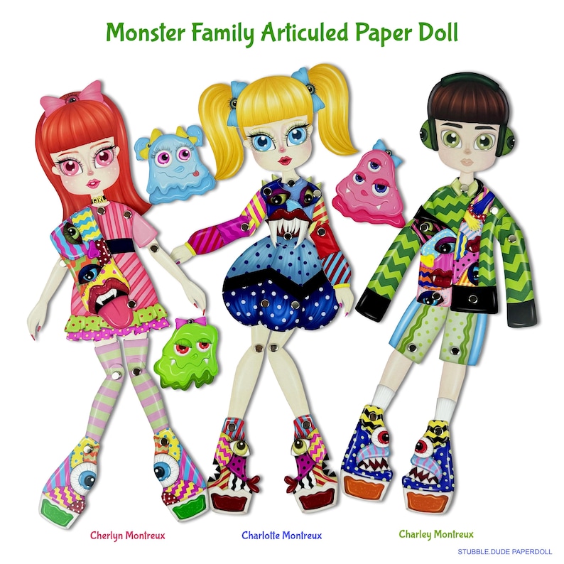 Set of Printable Articulated Cute Girl Paper Doll With Monster Pet ...
