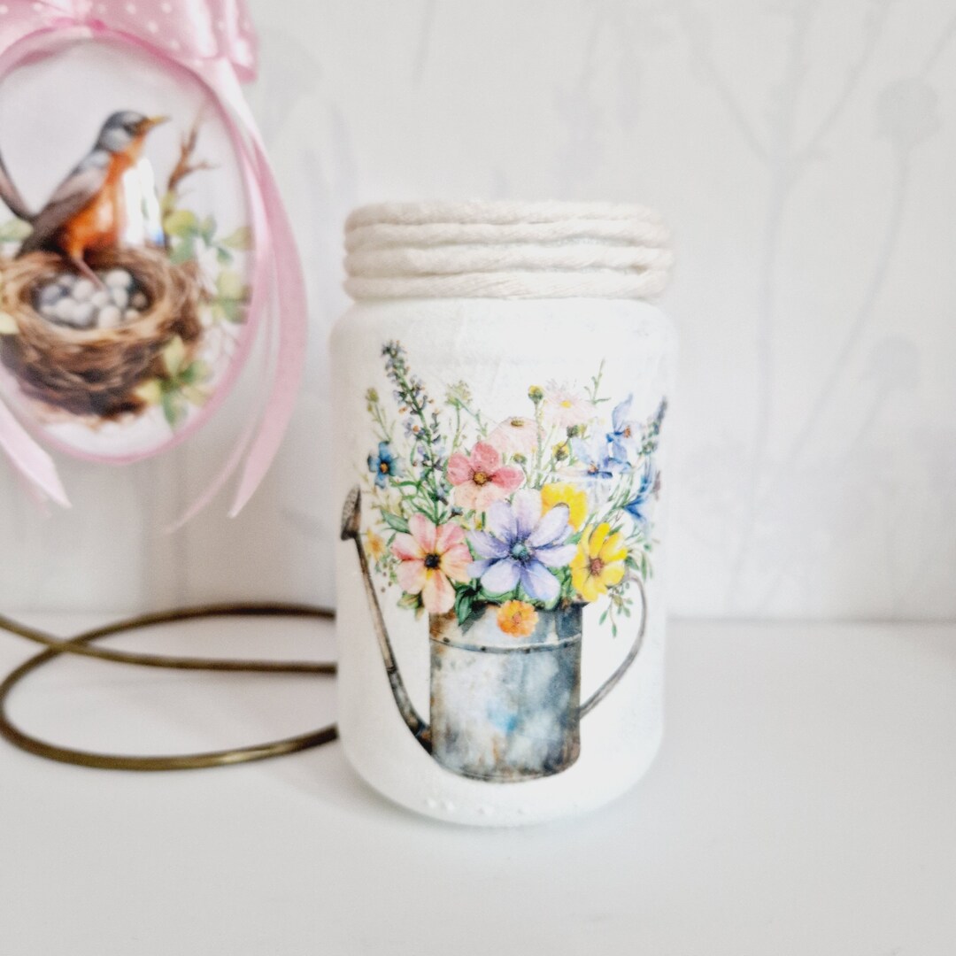 Decoupage Jar, Decoupage Lantern, Rustic Home Decor, New Home Gift ...