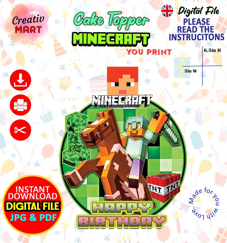 DIGITAL File Minecraft Cake Topper Minecraft Themed Digital Printable ...