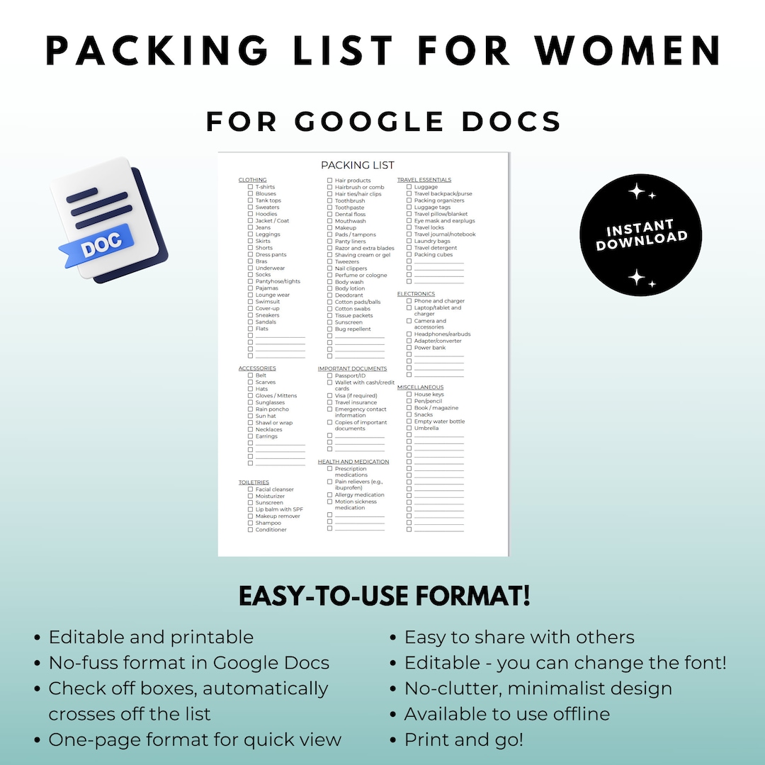 Packing List for Women Travel Checklist Printable Travel Planner ...