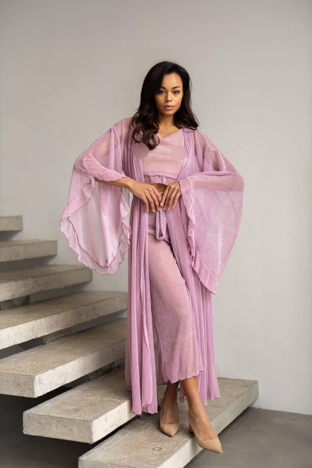 Pink Sheer Robe Sheer Negligee Sexy Long Nightgown Ladies Nightgown ...