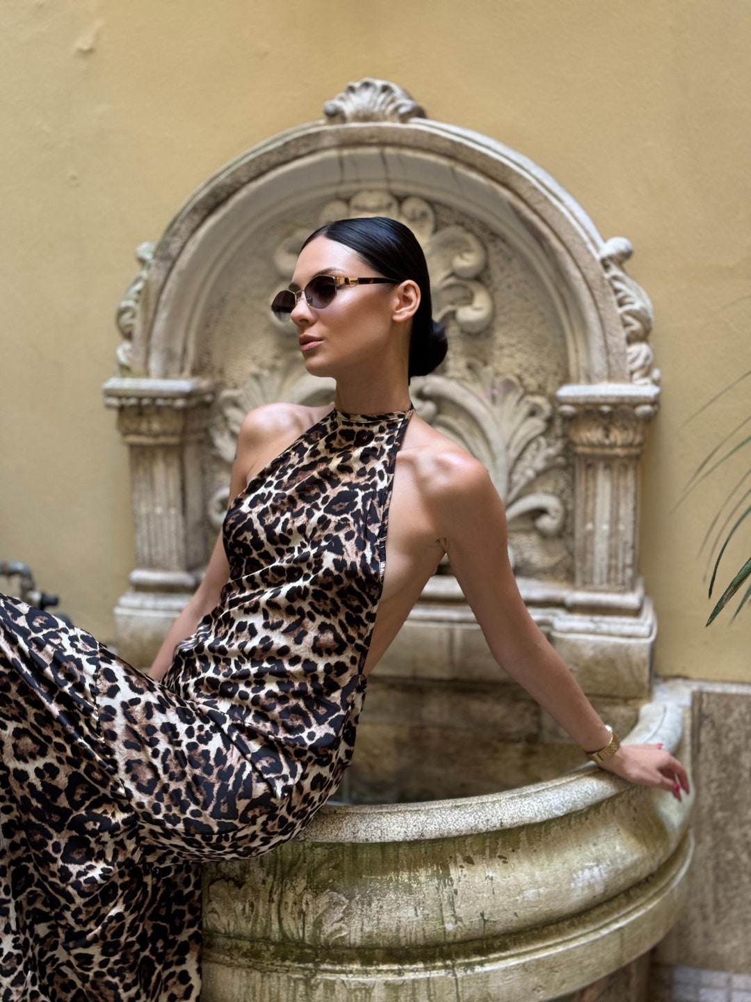 Satin Leopard Maxi Dress for Photoshoot Long Flying Dress Backless ...