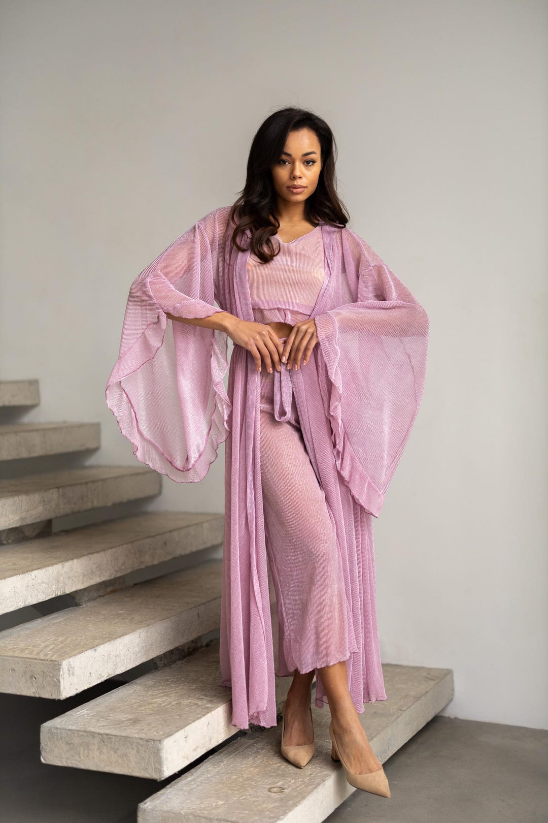 Romantic Sheer Set With Pink Long Robe and Sexy Transparent Pajamas ...