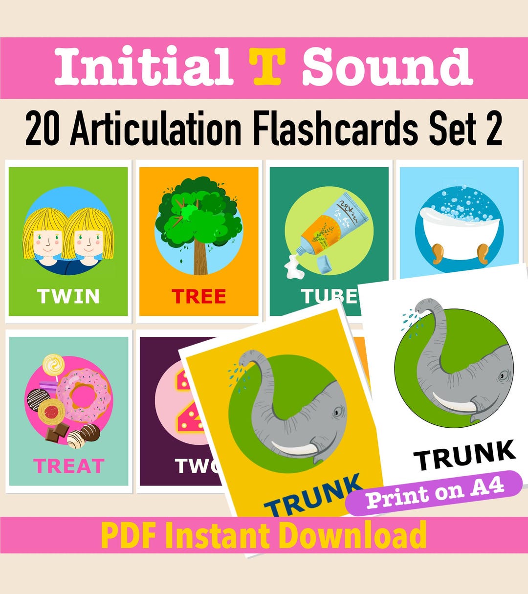 20 Initial T Sound Flashcards, Printable Initial /t/ Speech & Language ...