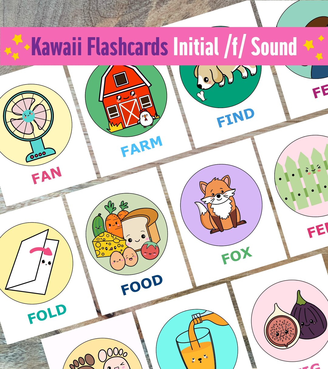 Printable Kawaii Flashcards for Kids | Initial F Sound | Speech ...