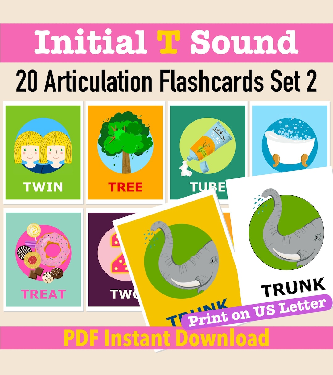 20 Initial T Sound Flashcards, Printable Initial /t/ Speech & Language ...