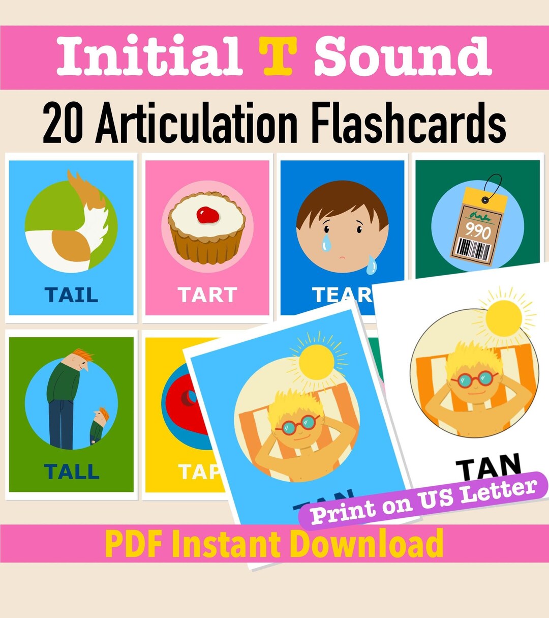20 Initial T Sound Flashcards, Printable Initial /t/ Speech & Language ...