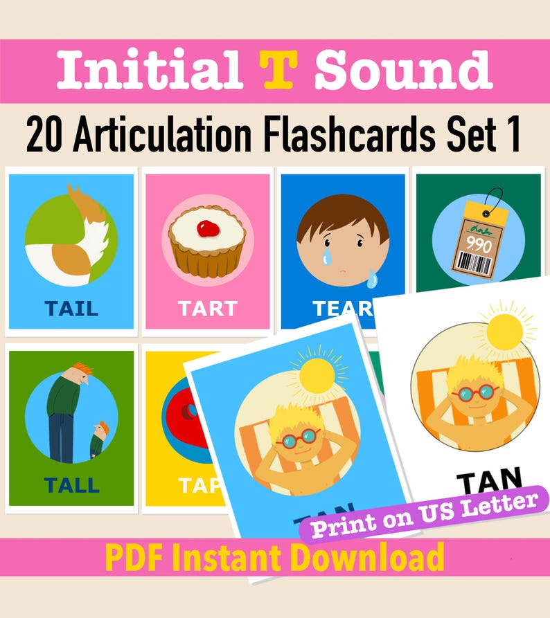 20 Initial T Sound Flashcards, Printable Initial /t/ Speech & Language ...