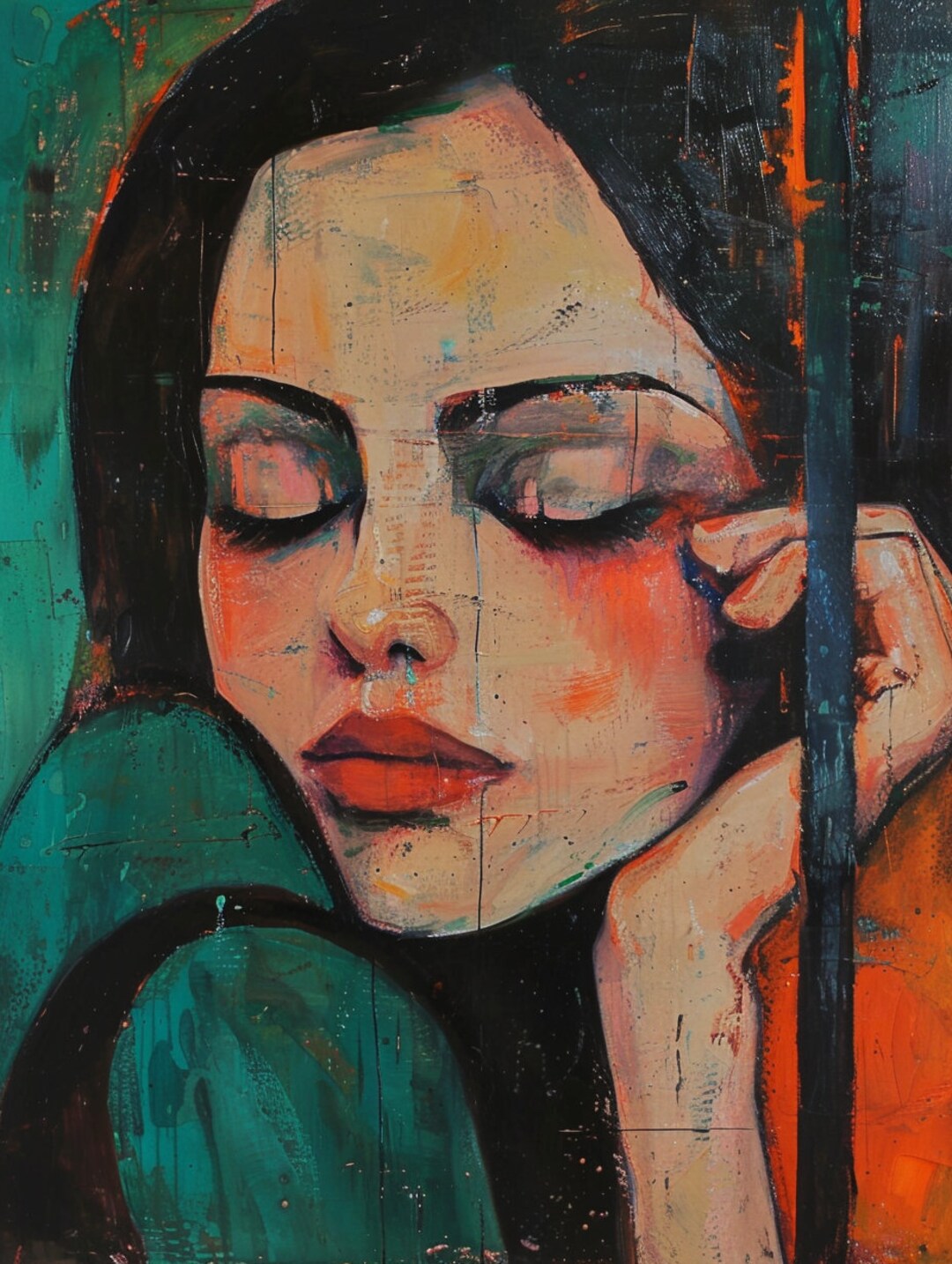 Contemplative Woman Oil Painting - Abstract Female Portrait - Modern ...
