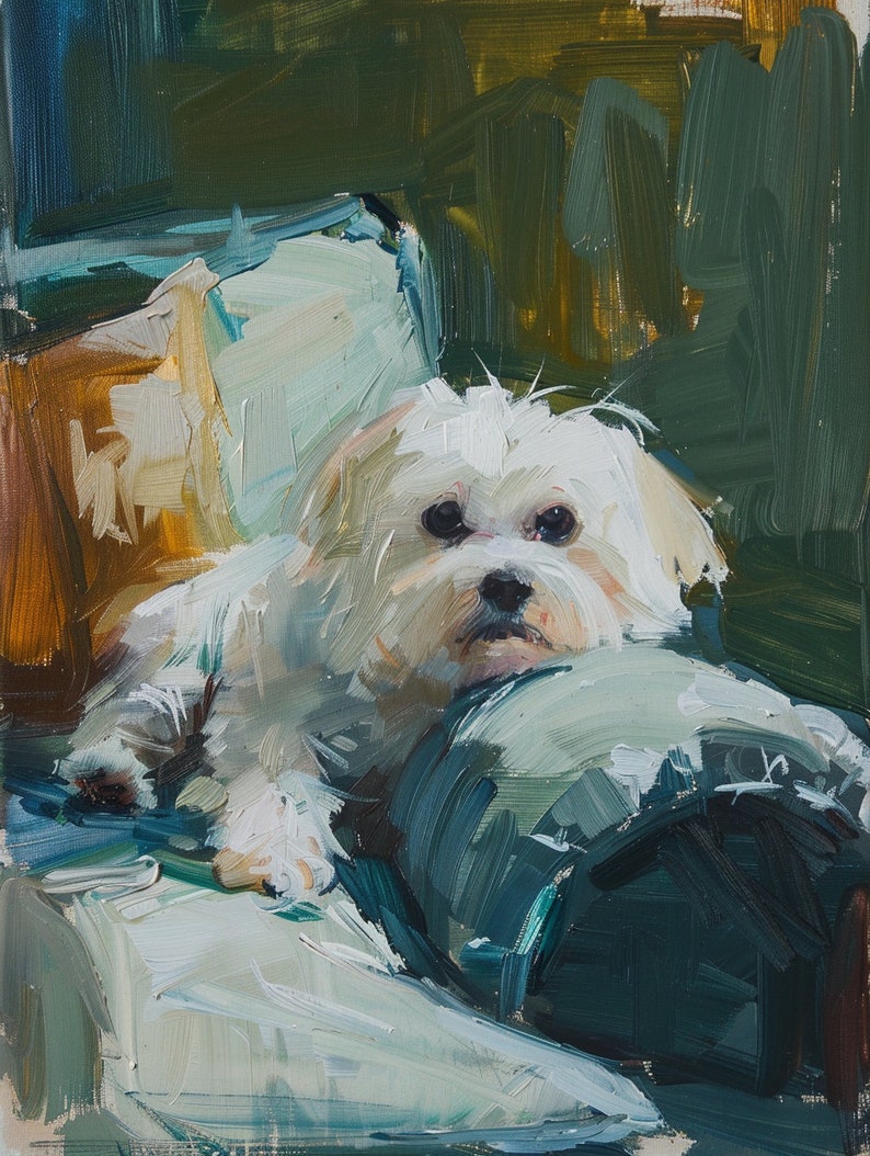 Maltese Dog Oil Painting - Loyal Companion Portrait - Fluffy White Dog ...