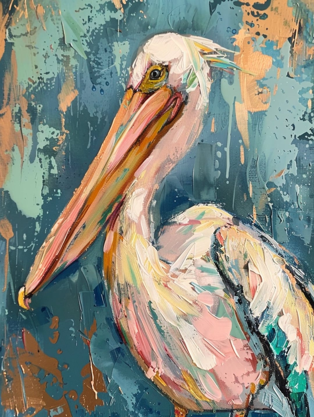 Colorful Pelican Oil Painting - Nautical Bird Art - Coastal Wall Decor ...