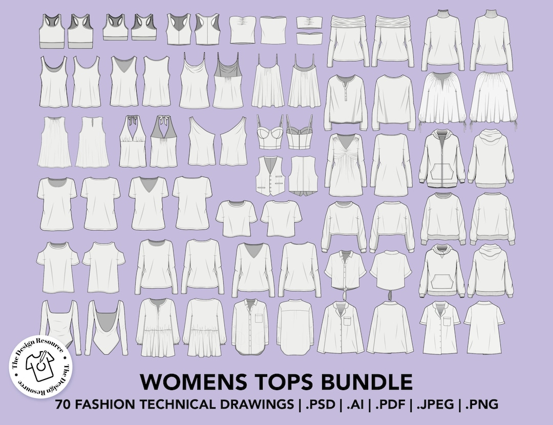 WOMENS TOPS BUNDLE - Fashion Technical Illustrations - Cads - Top ...