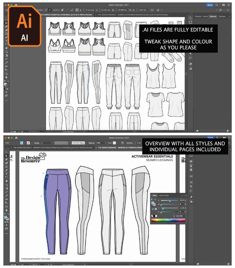 WOMENS ACTIVEWEAR ESSENTIALS - Fashion Technical Illustrations - Cads - Sportswear - Illustrator ...