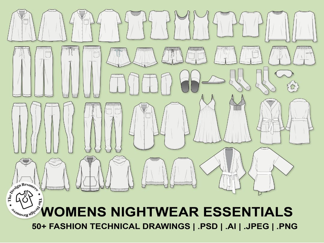 WOMENS NIGHTWEAR ESSENTIALS - Fashion Technical Illustrations - Cads - Sleepwear - Illustrator ...