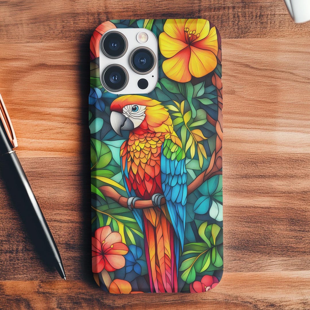 Tropical Parrot Phone Case, Colorful Stained Glass Inspired Design ...