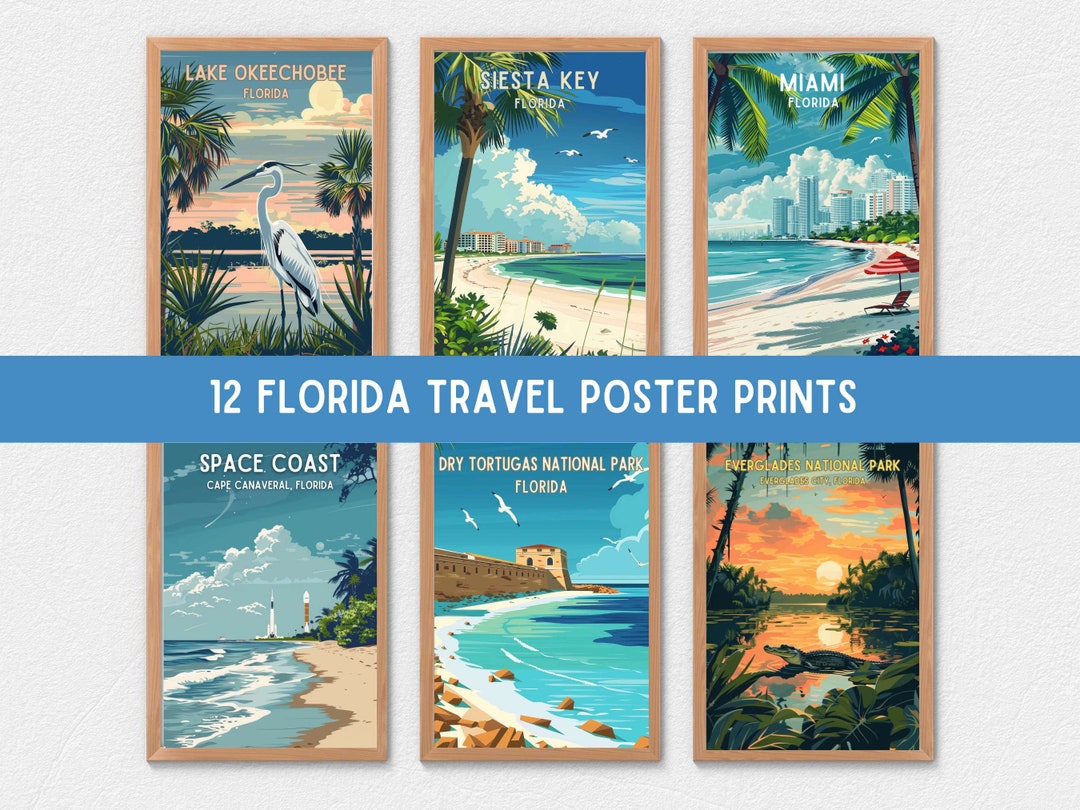 Florida Travel Poster 12 Pack Home Decor Wall Art Popular Beaches ...