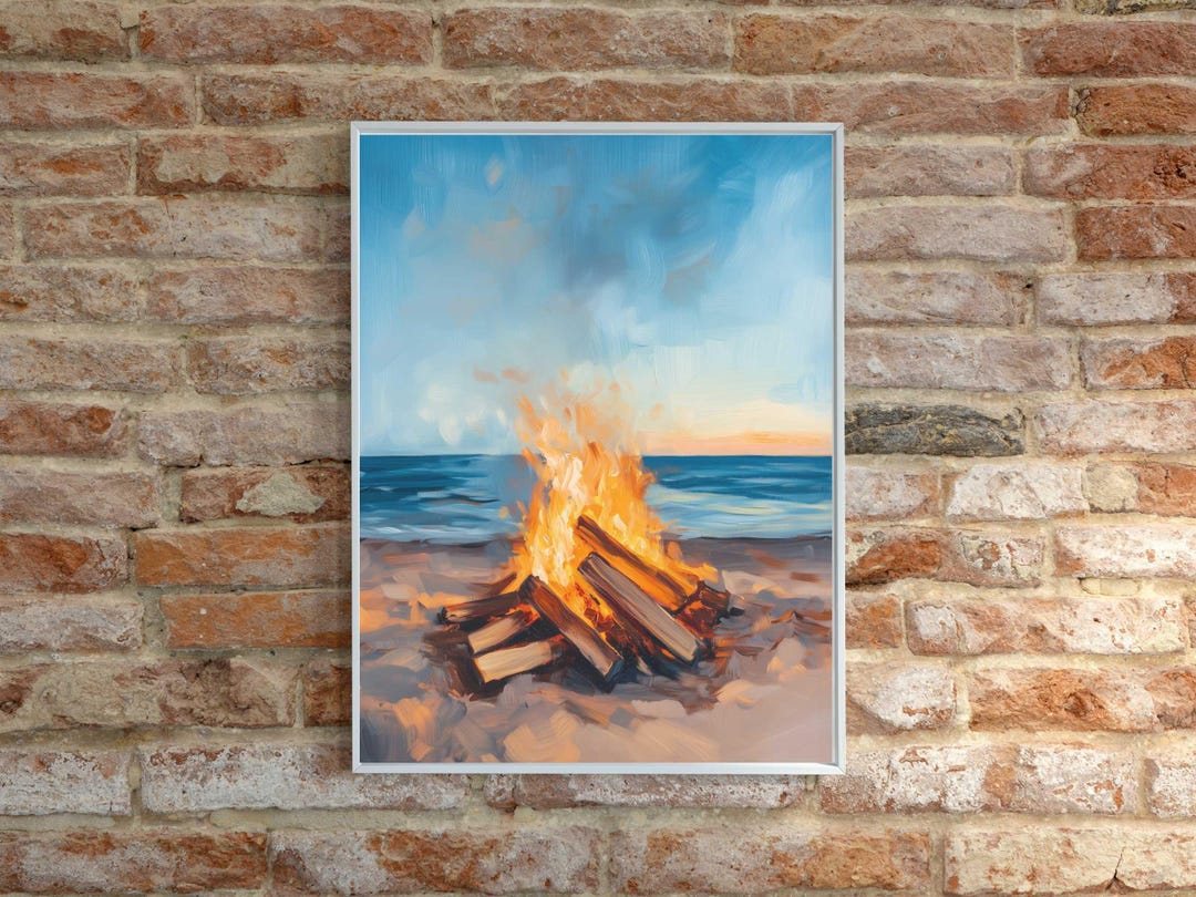 Beach Bonfire Print – Coastal Wall Art, Sunset Fire Scene, Beach Home ...