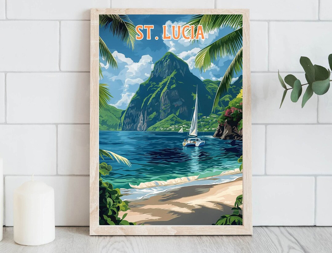 St. Lucia Travel Poster, Tropical Home Decor, Caribbean Beach Artwork ...