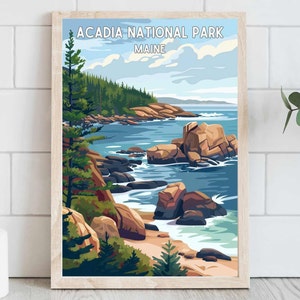 Acadia National Park Travel Poster, Maine Home Decor, Coastal Artwork ...