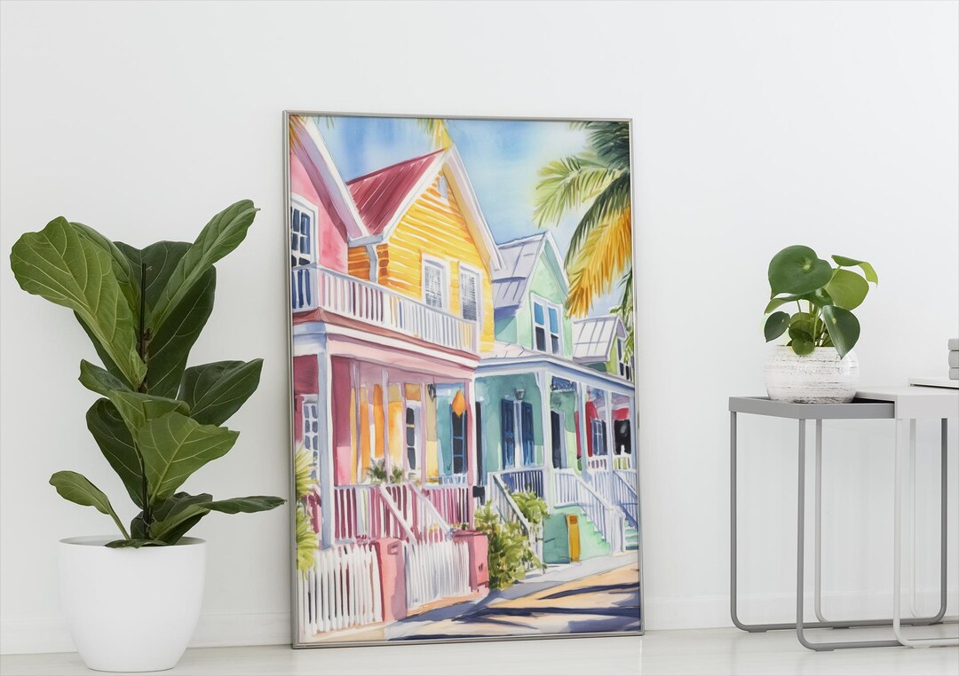 Vibrant Key West Watercolor Print – Colorful Coastal Cottages, Tropical ...