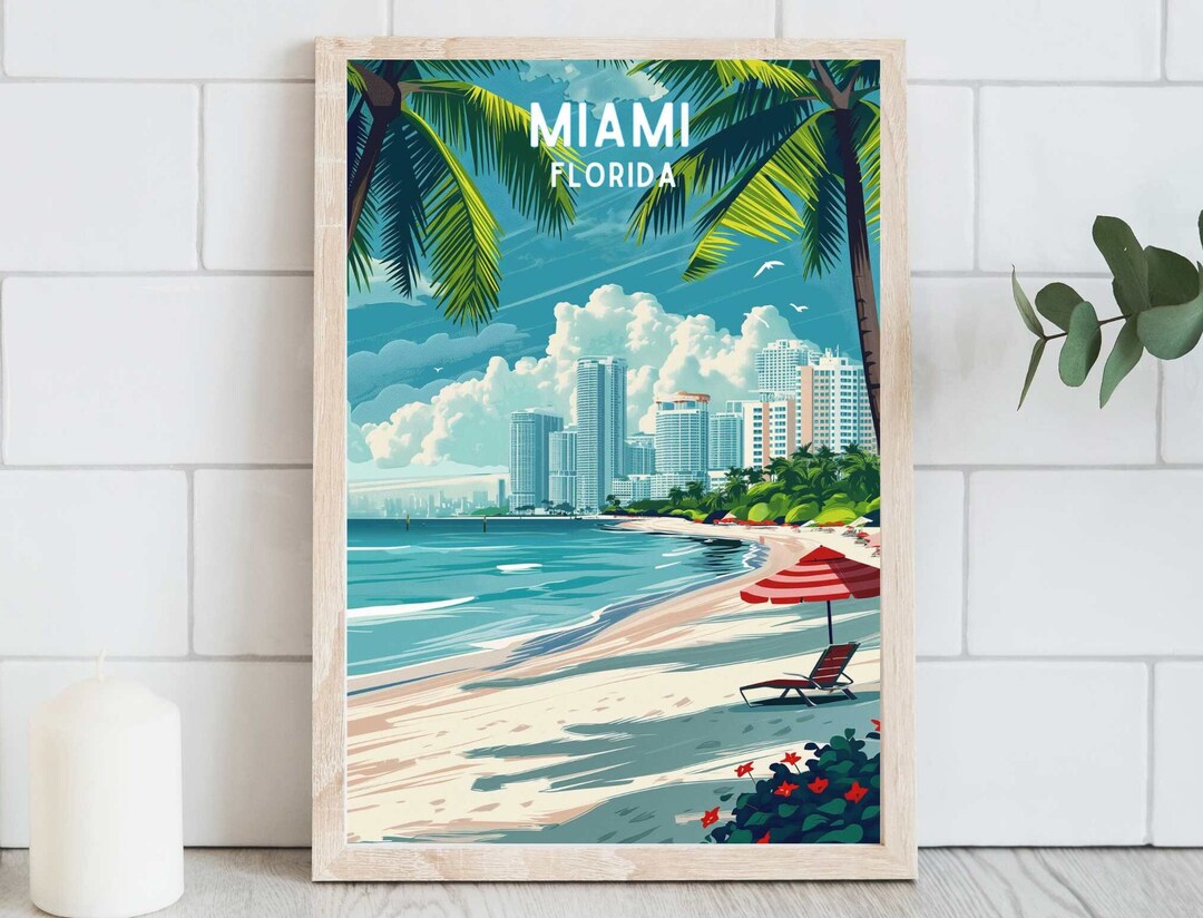 Miami Beach Travel Poster, Tropical Home Decor, Florida Beach Artwork ...