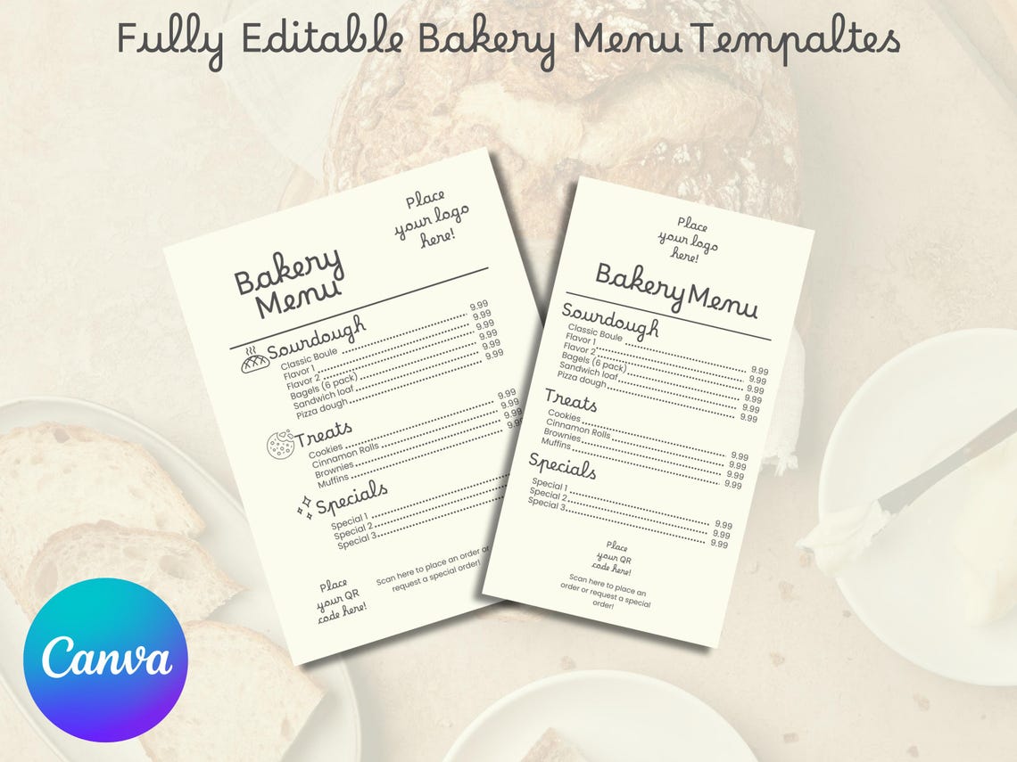 Bakery Menu Template | Editable Canva Menu for Sourdough & Cottage Food ...