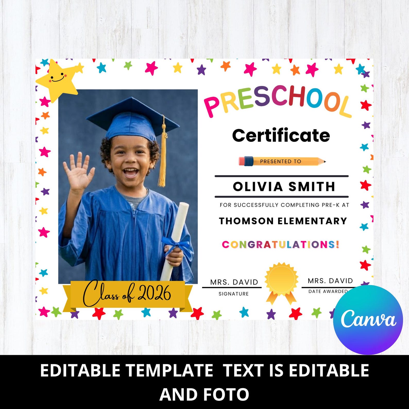 Editable Preschool Graduation Certificate: Class of 2026 Photo Template ...