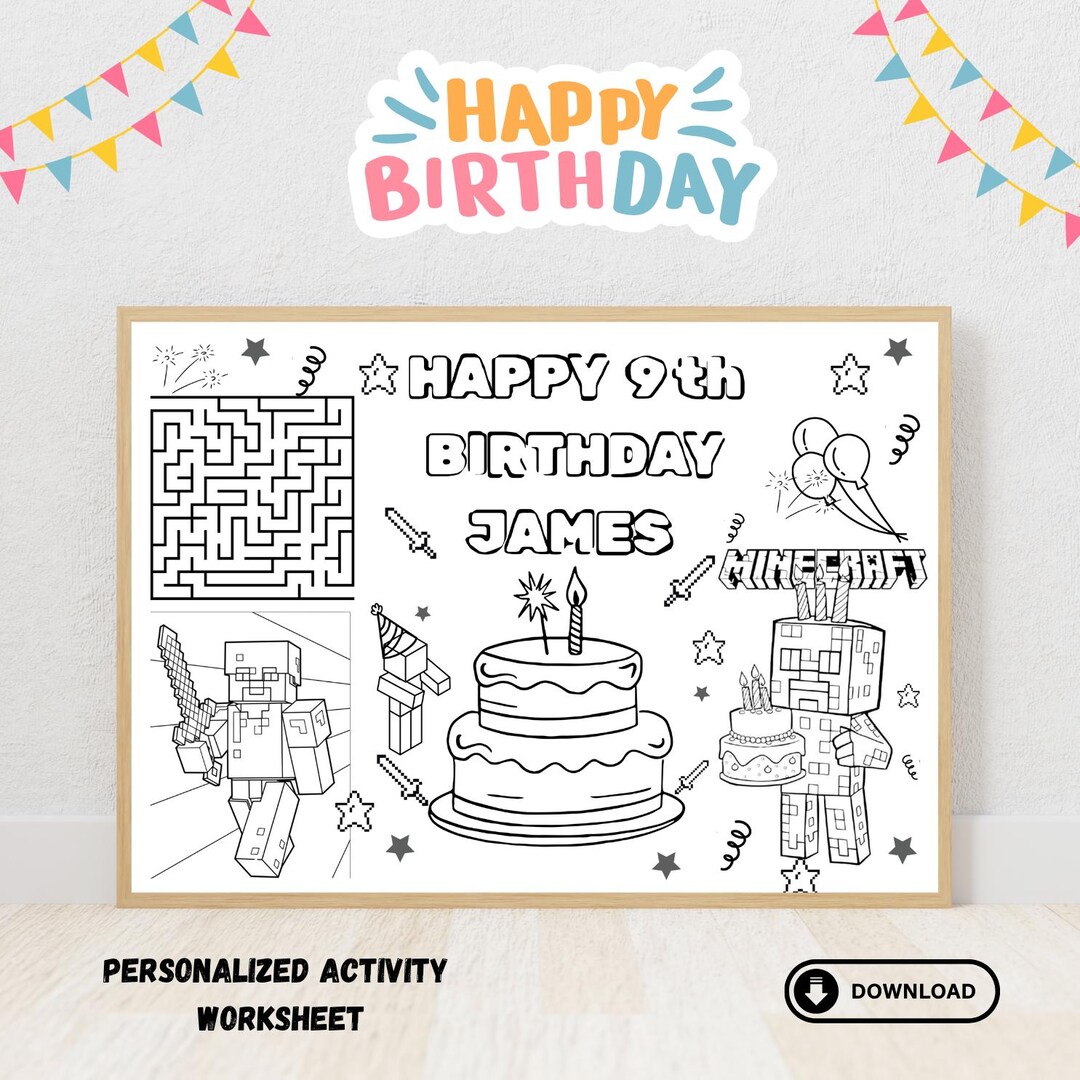 Minecraft Birthday Coloring Placemat, Personalized Party Favor (digital ...