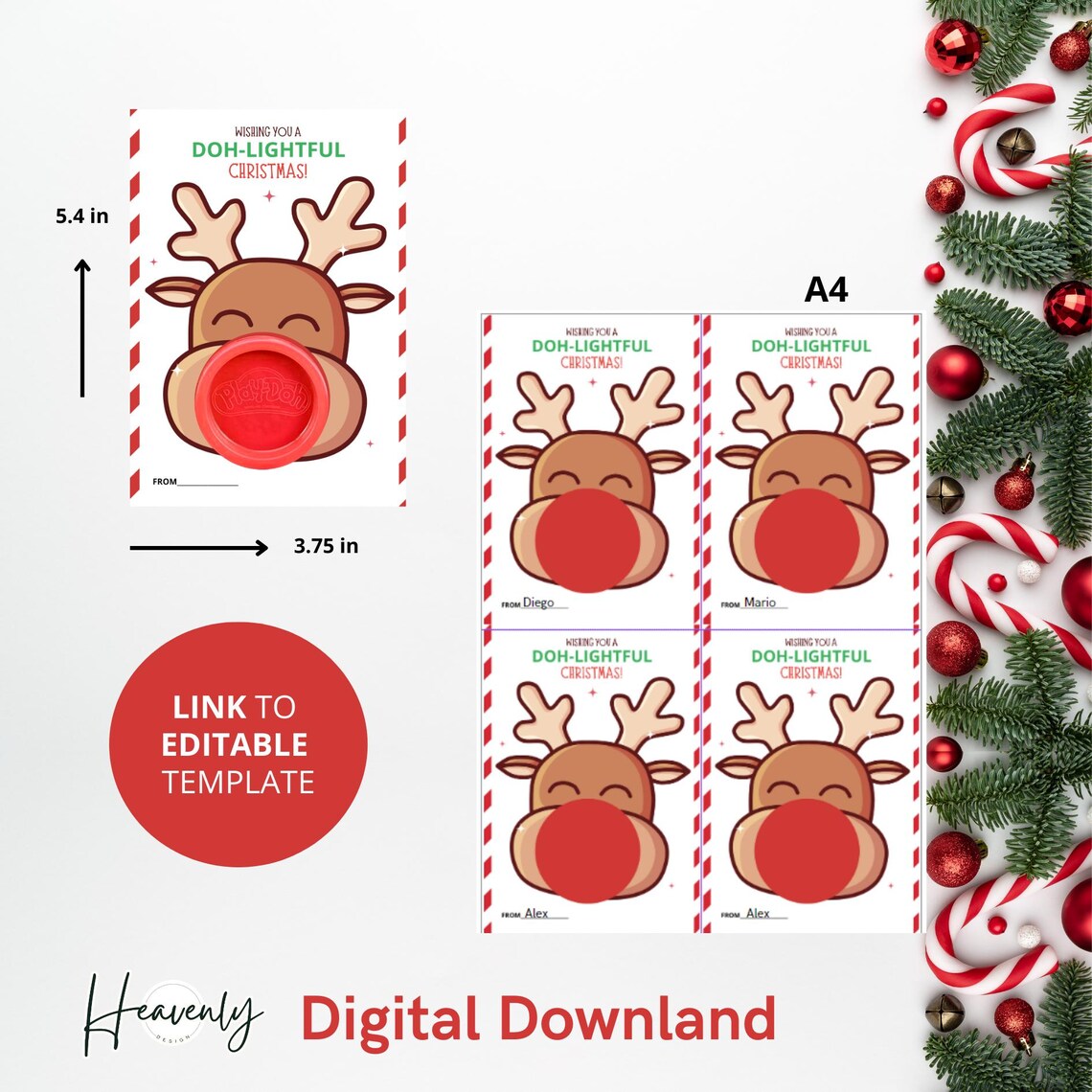 Christmas Reindeer Play Doh Card Template: Editable Favor Tags (digital ...