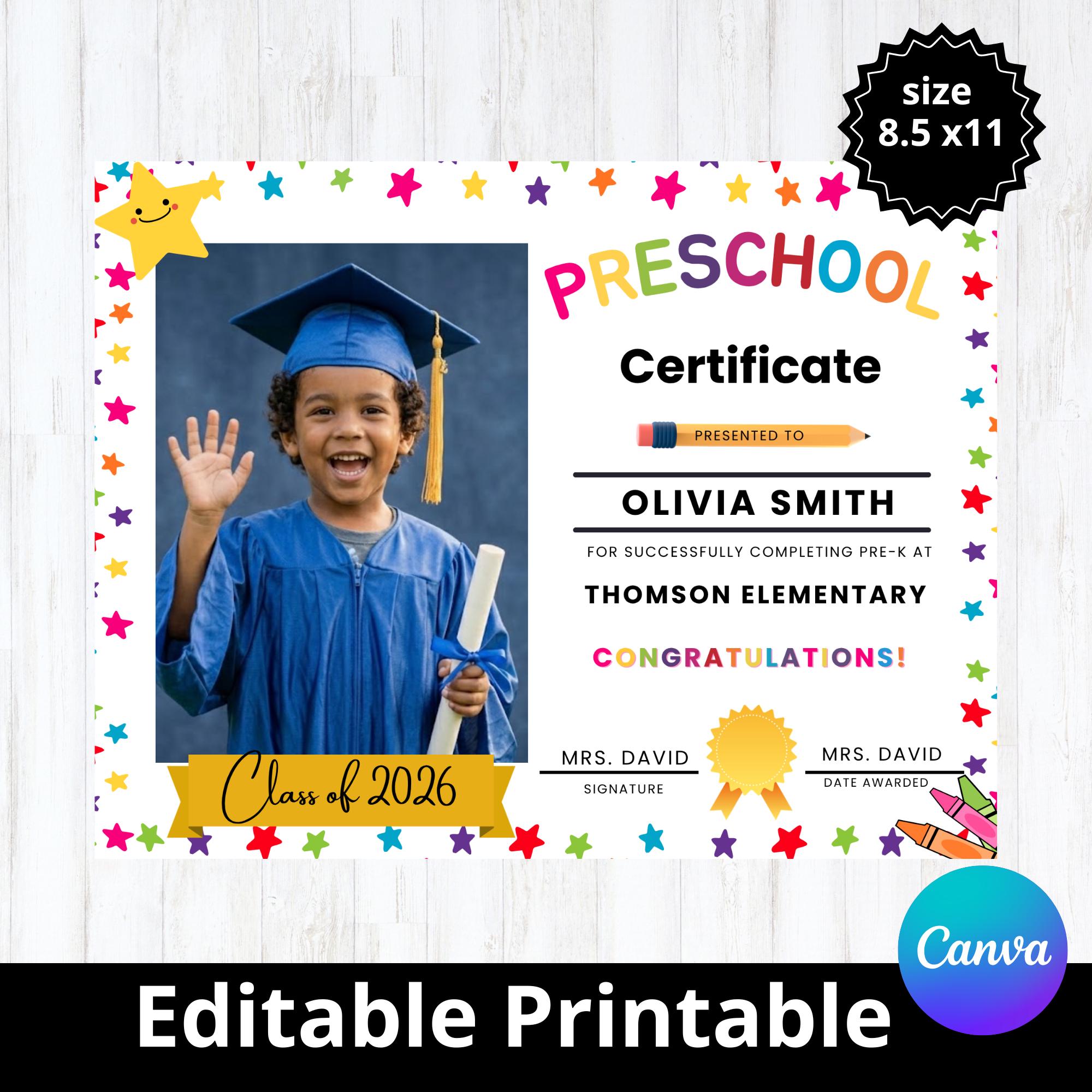 Editable Preschool Graduation Certificate: Class of 2026 Photo Template ...