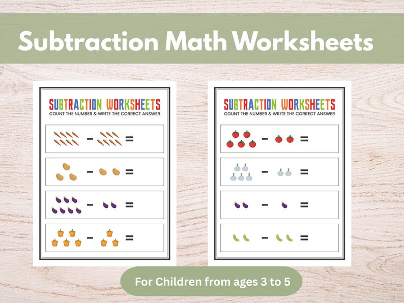 Subtraction Worksheets for Kids, 10 Page Preschool Math Bundle, Visual ...